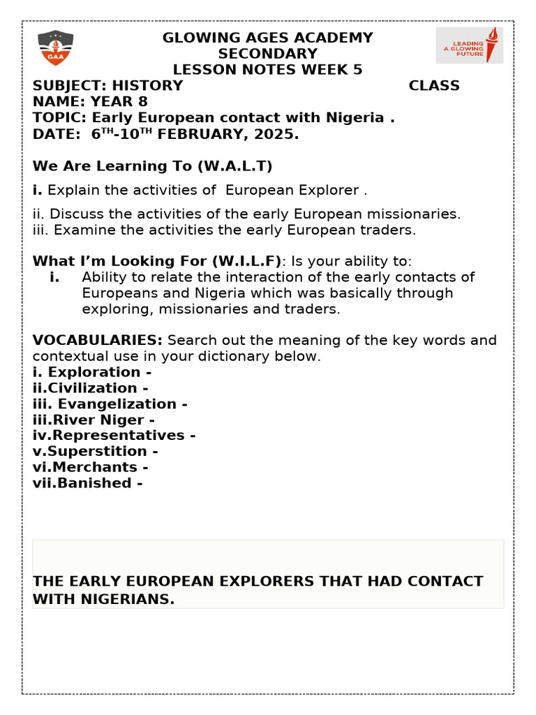 Term 2 Lesson Note for History Year 8 Week 5 | PDF