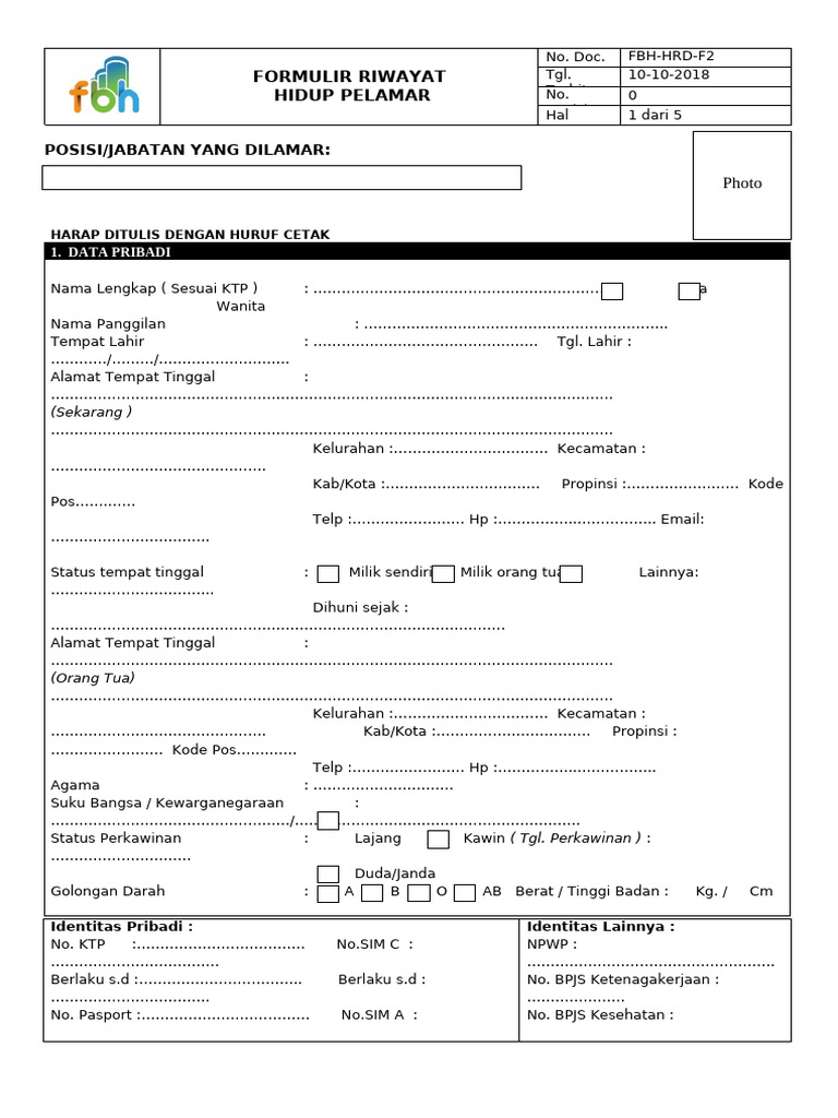 Form Isian Data Pelamar 2023 | PDF