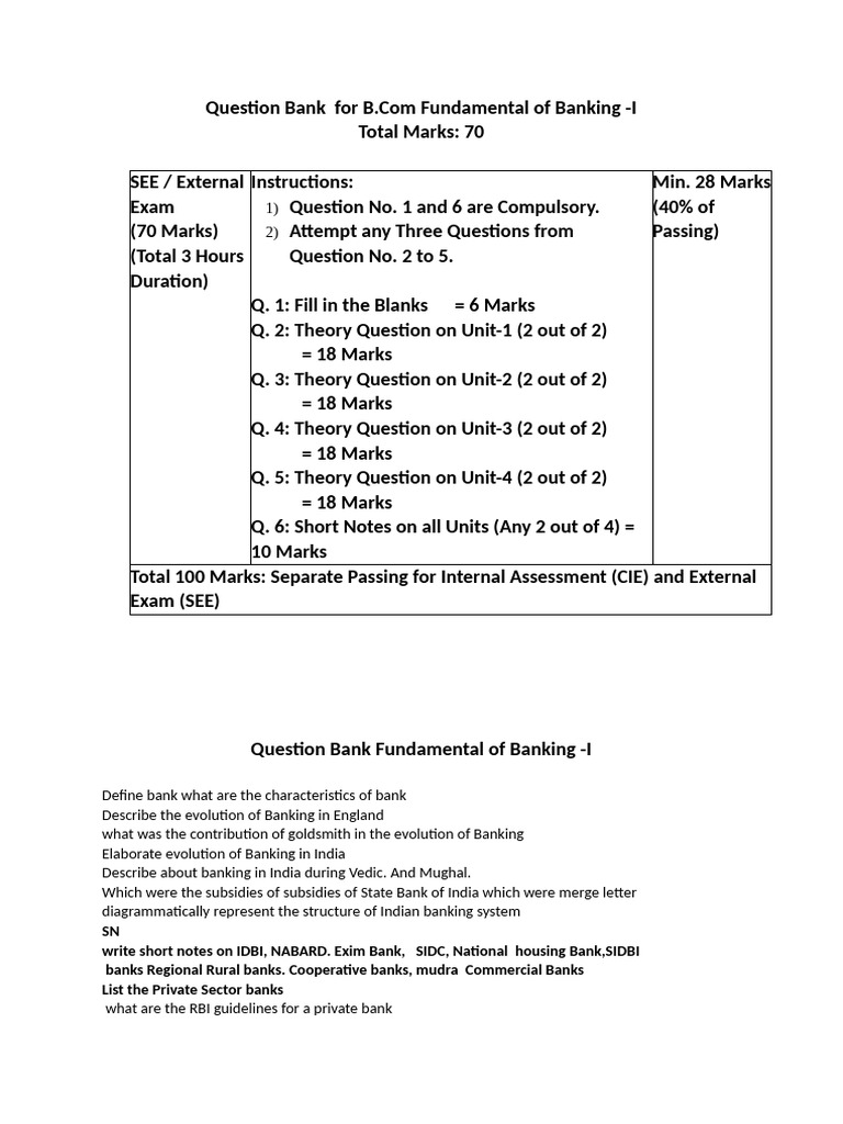 B.Com Banking Fundamentals Question Bank | PDF | Banks | Cheque