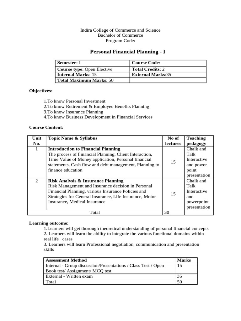 Personal Financial Planning Overview | PDF | Expense | Budget