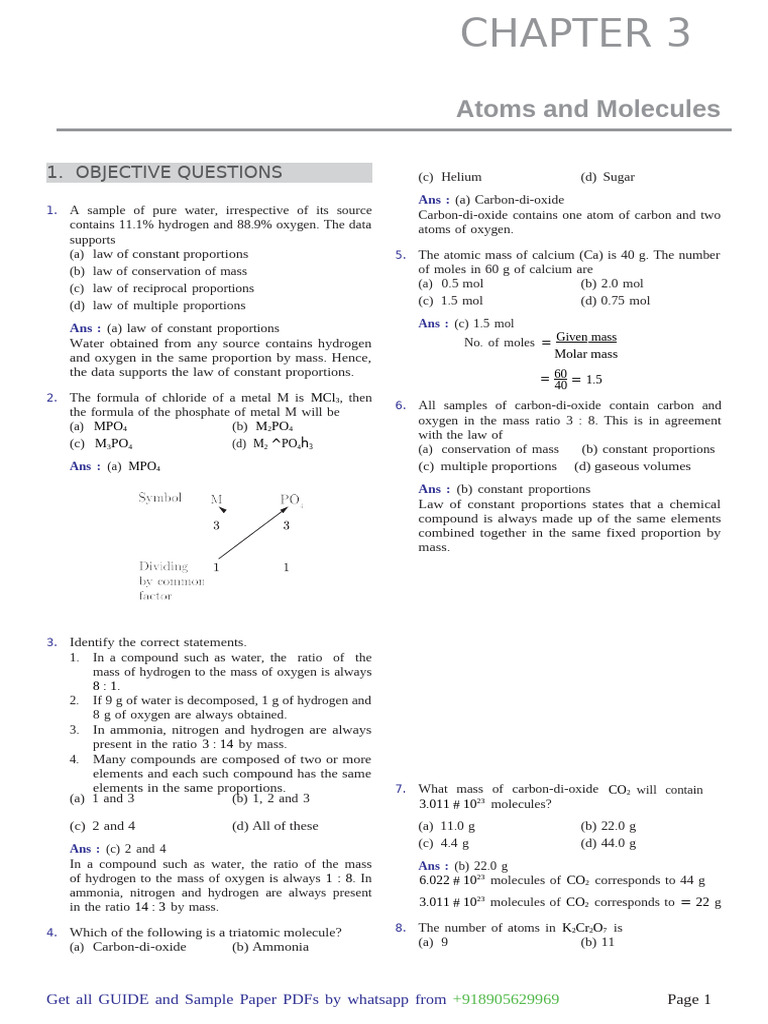 Atoms and Molecules-Objective Revision | PDF | Mole (Unit) | Molecules