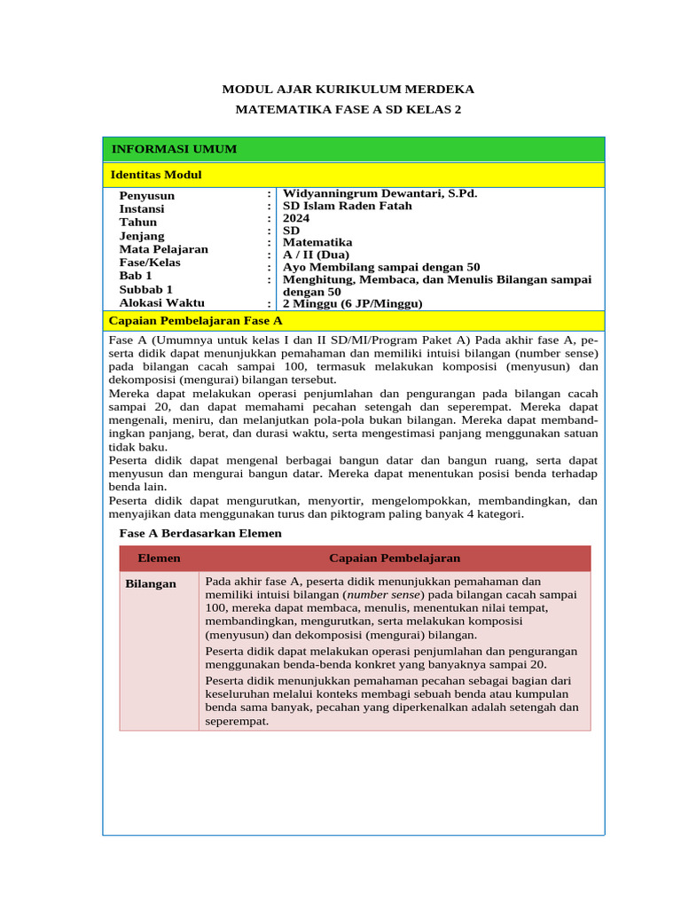 Modul Ajar MTK Kelas 2 Bab 1 | PDF