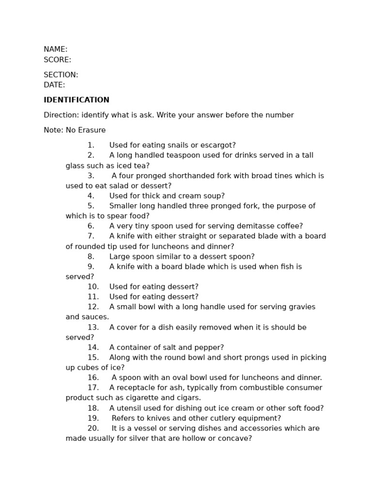 long quiz (1) | PDF | Tableware | Spoon