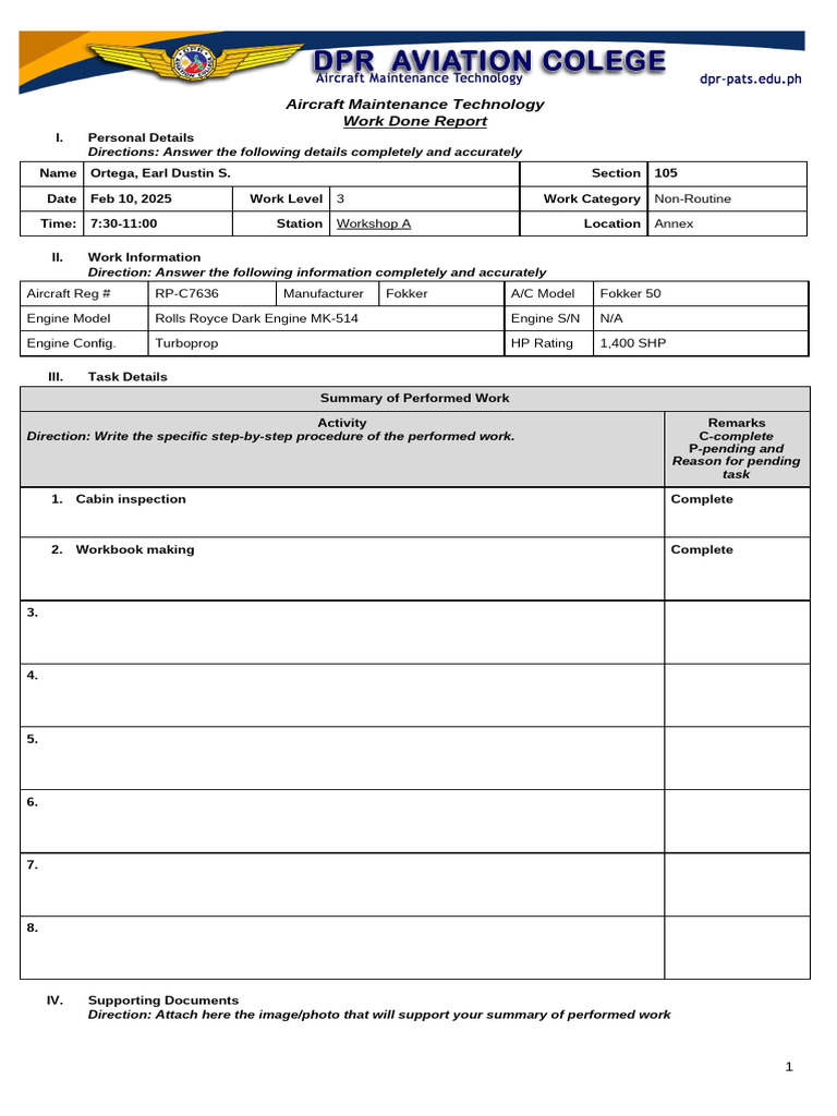 Aircraft Maintenance Work Report | PDF | Aviation | Aircraft