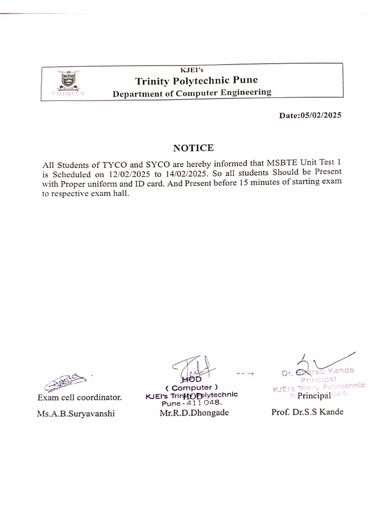 Unit Test Notice Timetable | PDF