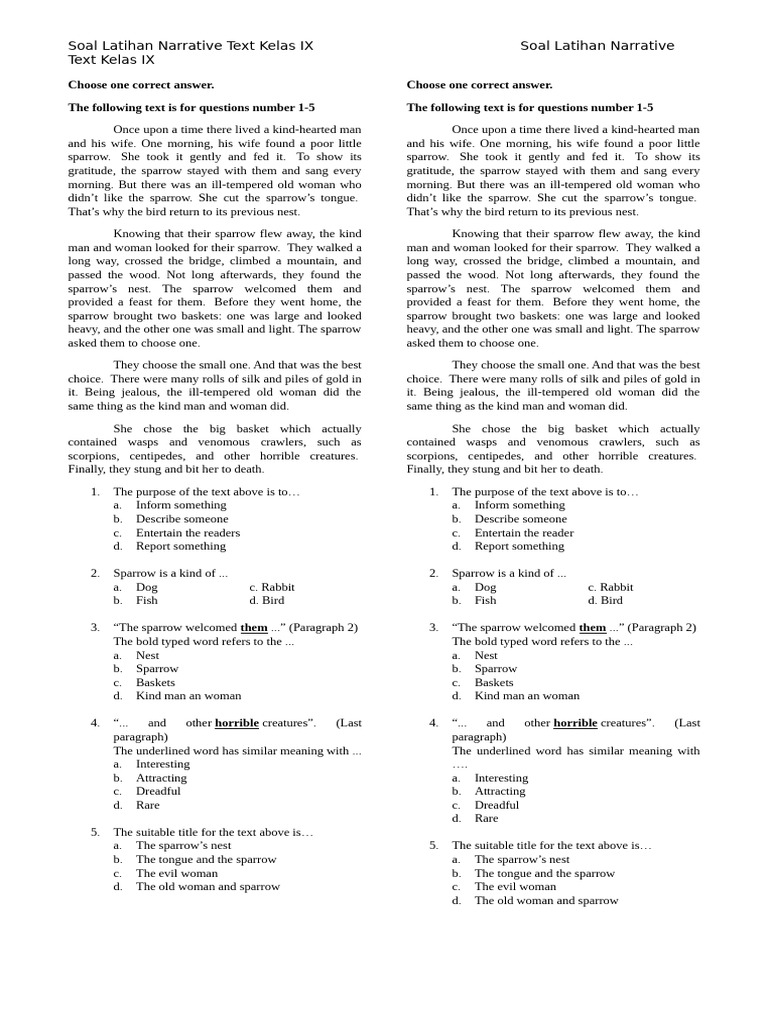 Soal Latihan Narrative Text Kelas 9 | PDF