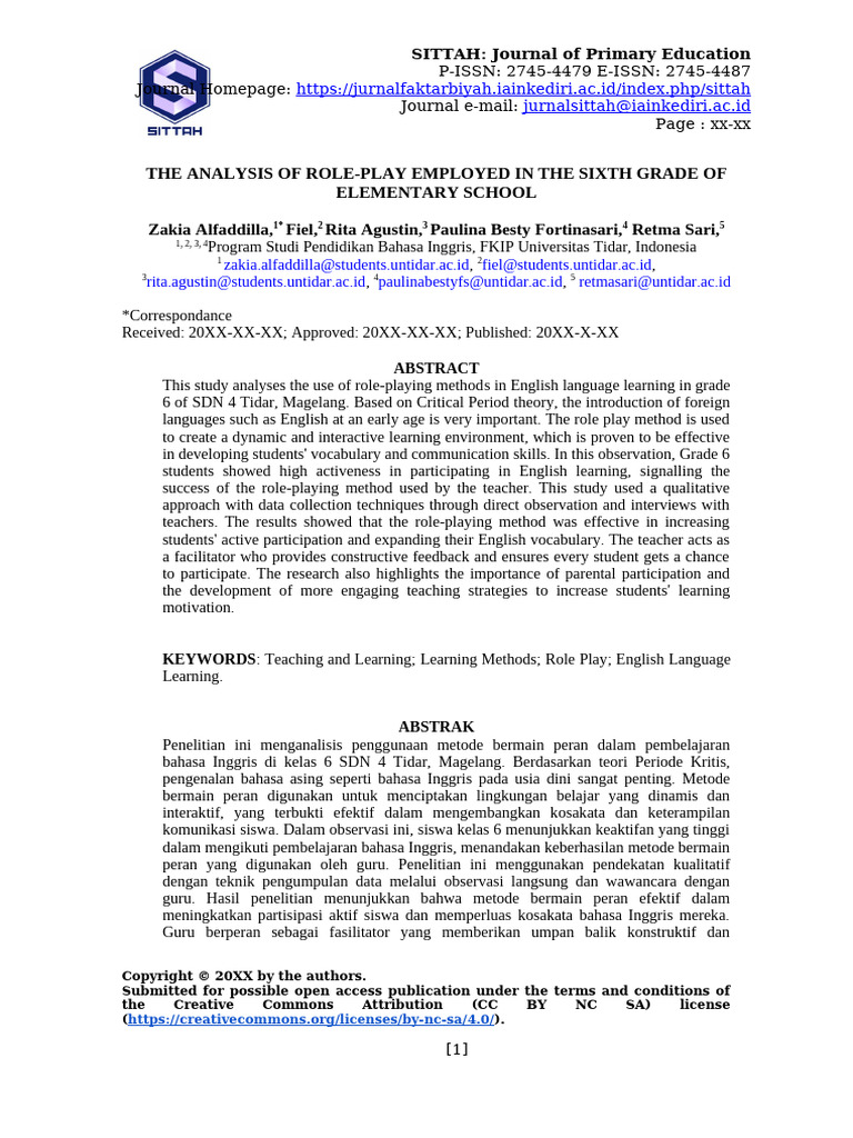 The Analysis of Role-Play Employed in The Sixth Grade of Elementary ...