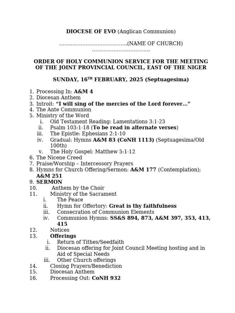 Order of Holy Communion Service For The Meeting of The Joint Provincial ...