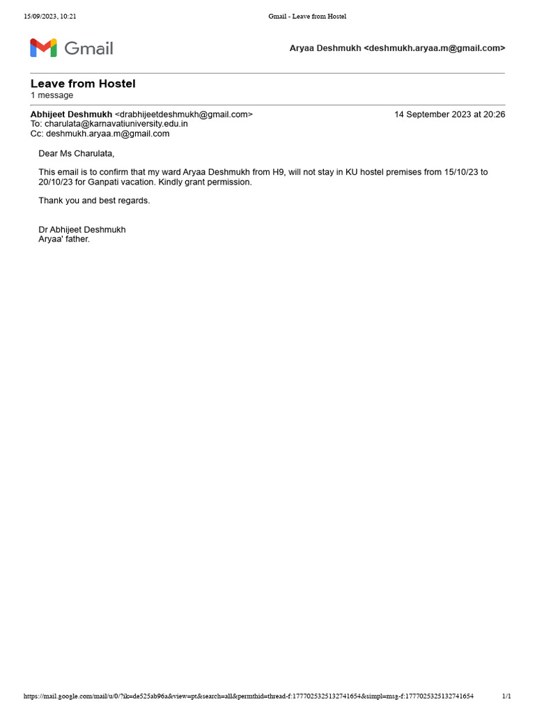Gmail - Leave from Hostel | PDF