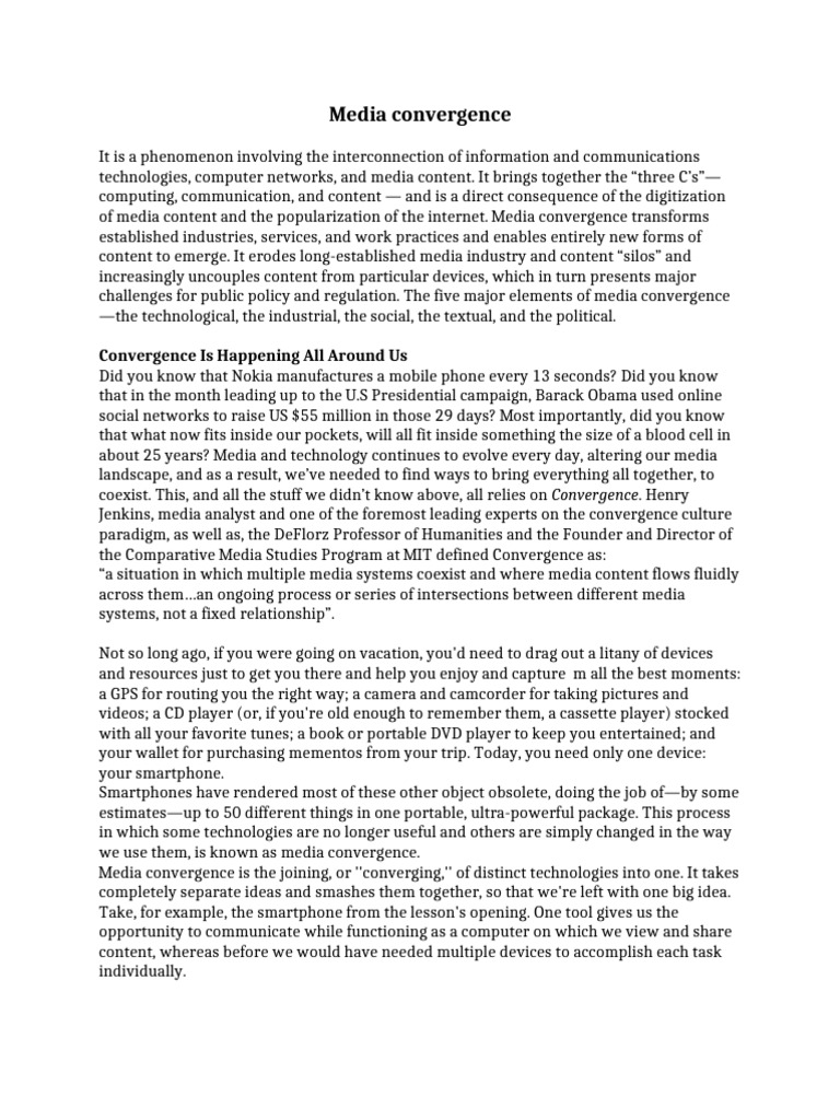 Media convergence | PDF | Technological Convergence | Mass Media