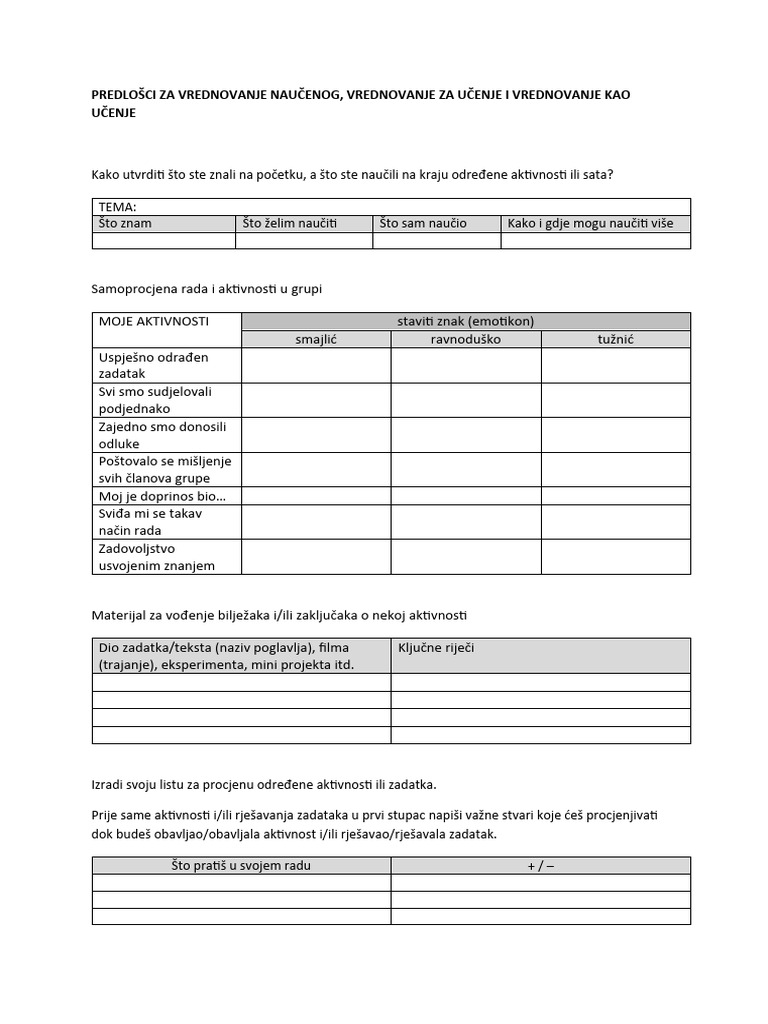 Predlošci Za Vrednovanje Naučenog, Vrednovanje Za Učenje I Vrednovanje Kao Učenje | PDF