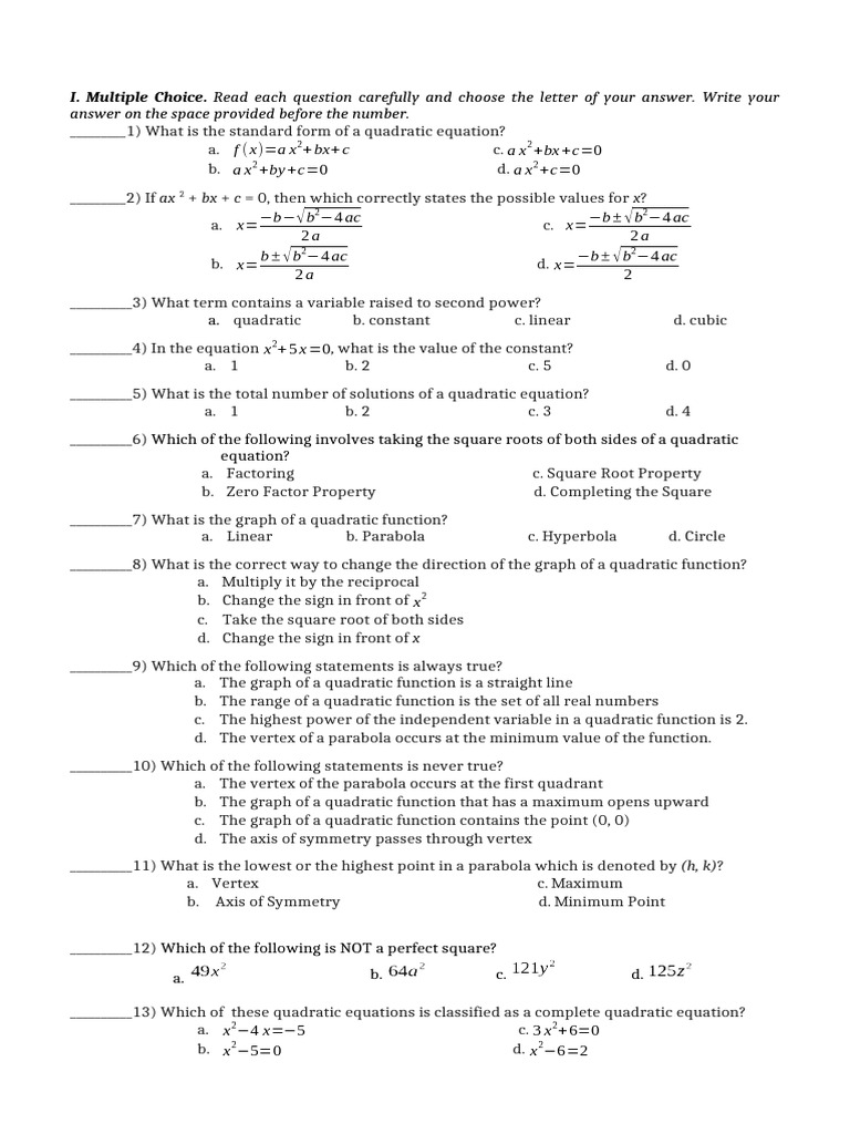Grade 9 Periodical Exam Quadratic Equationand Quadratic Function | PDF ...