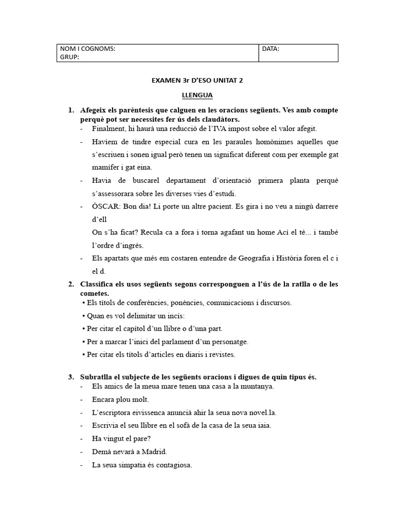 Examen 3R Eso Unitat 2PDF | PDF