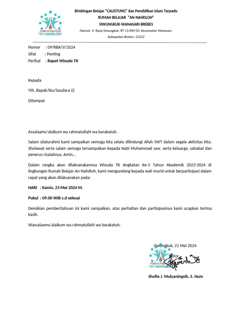 Surat Pemberitahuan Rapat Wisuda 2024 | PDF