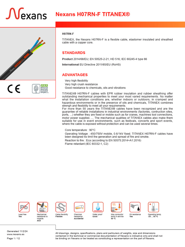 Nexans - Nexans H07RN F TITANEX | PDF | Electrical Conductor | Electricity