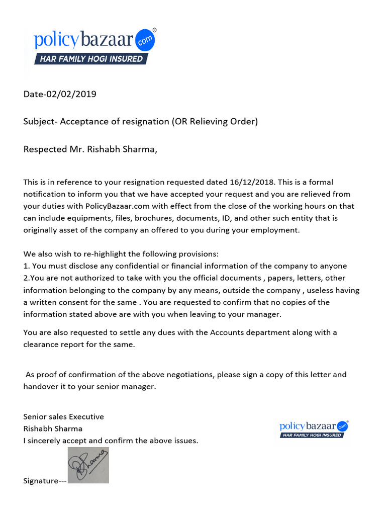 Relieving Order for Rishabh Sharma | PDF