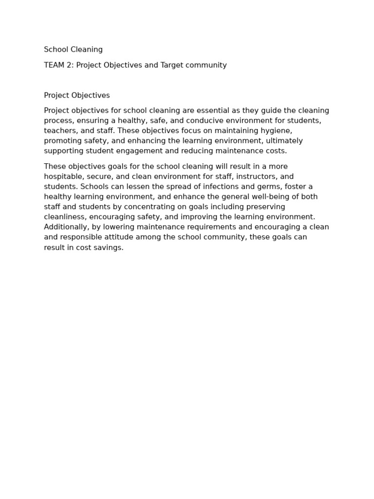 School Cleaning Project Objectives | PDF