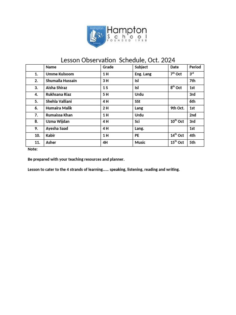 Lesson Ob Schedule, Oct 2024-1 | PDF