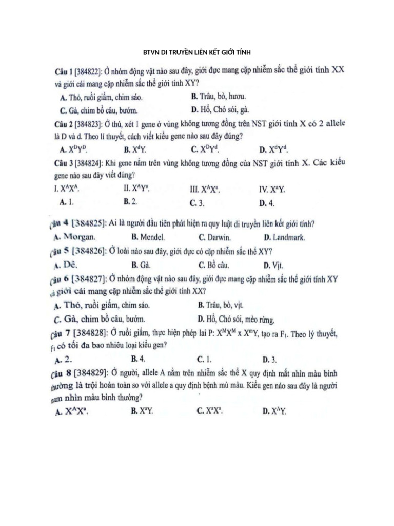 BTVN DI TRUYỀN LIÊN KẾT GIỚI TÍNH | PDF