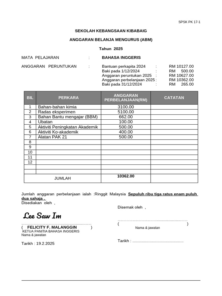 PK 17-1 ANGGARAN BELANJA MENGURUS (ABM13) PANITIA KIMIA 2023 | PDF
