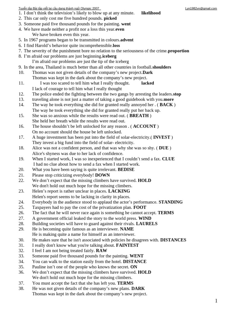 272 Cau - Bai-Tap-Viet-Lai-Cau-Dang-Thanh-Ngu-Olympic-2007 PDF | PDF
