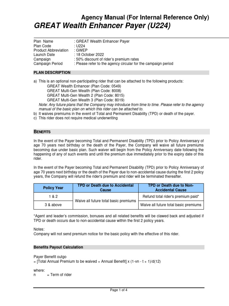 TCF - Agency Manual - GREAT Wealth Enhancer Payer (U224) - PM Review ...