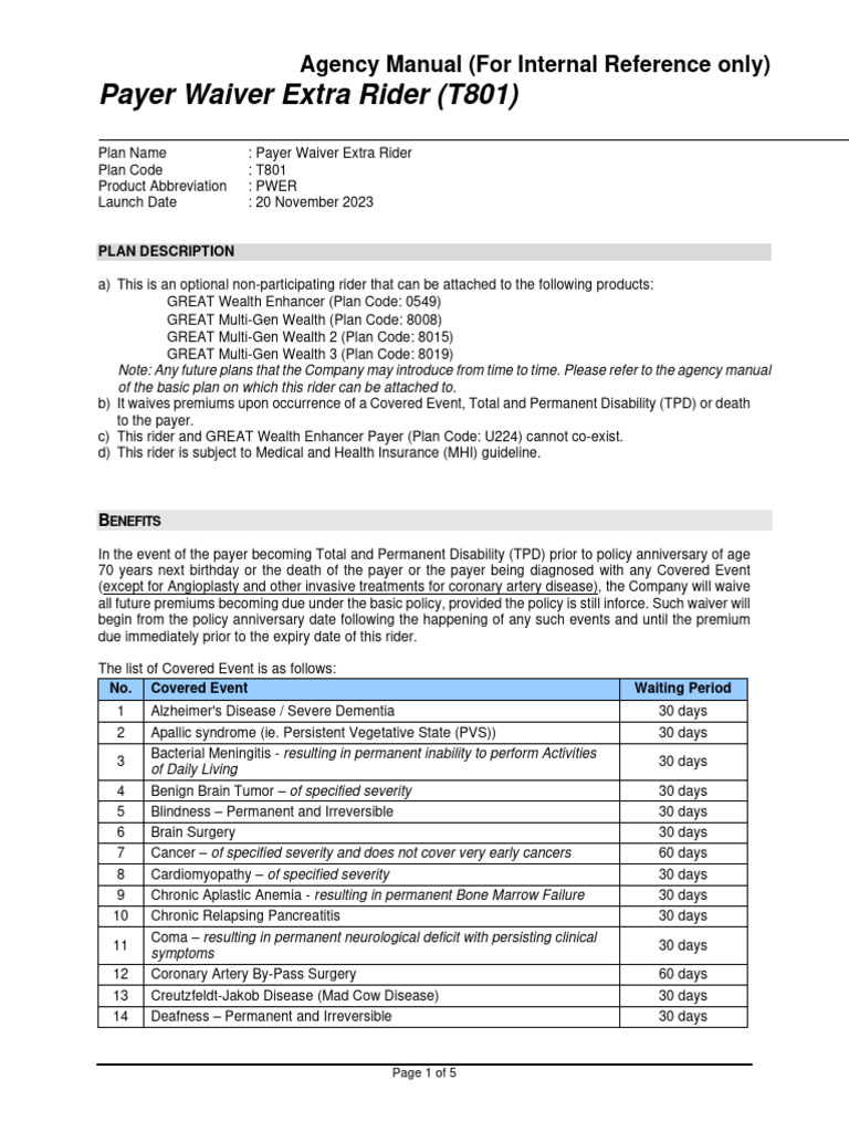 TCF - Agency Manual - Payer Waiver Extra Rider (T801) - PM | PDF ...