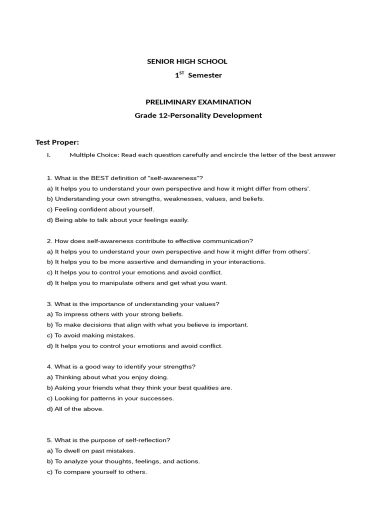 Grade 12 Personality Development Exam | PDF | Self Esteem | Feeling