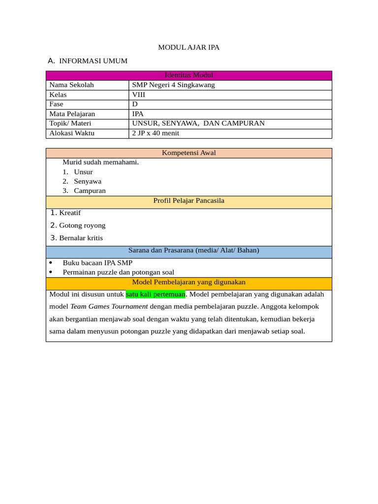 MODUL AJAR TGT Unsur Senyawa Campuran | PDF