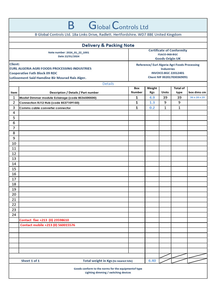 Invoice for Lighting Equipment Shipment | PDF