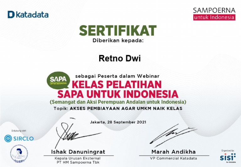 E-Sertifikat Kelas Pelatihan SAPA Untuk Indonesia - 28 September_Retno Dwi | PDF