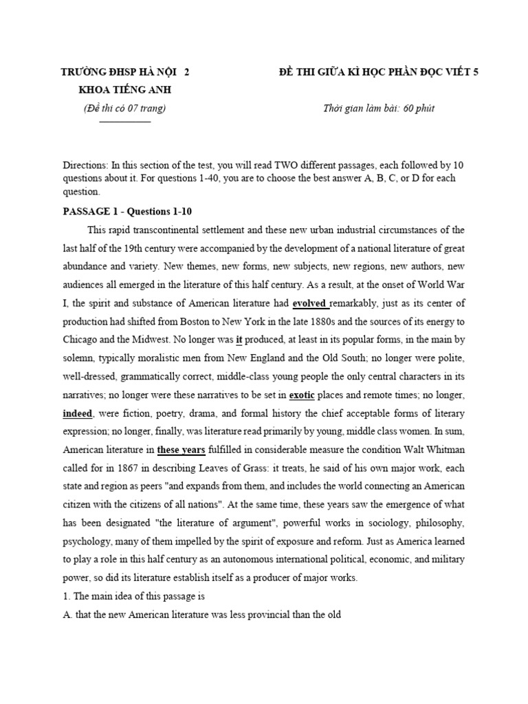 American Literature Exam: Reading Comprehension | PDF