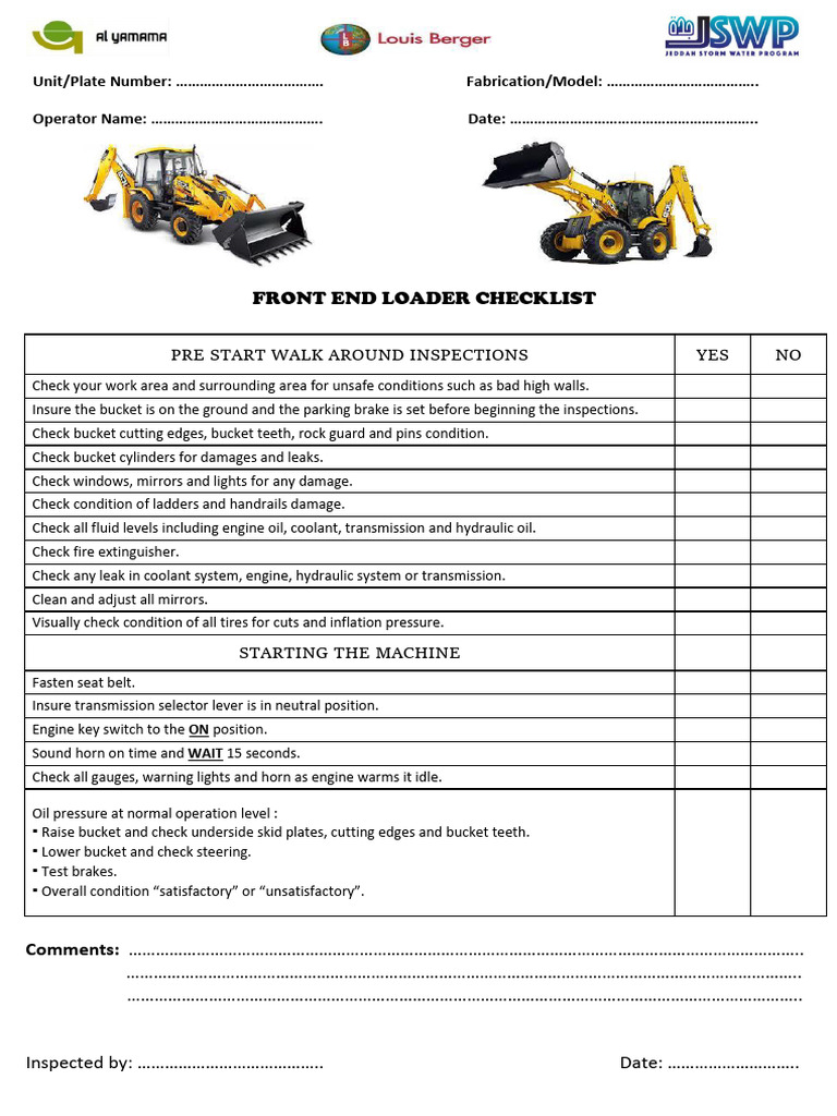 Front End Loader Pre-Start Checklist | PDF