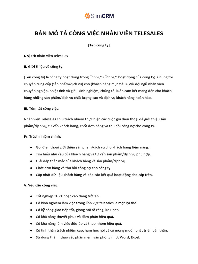 - (SlimCRM) Bản mô tả công việc nhân viên telesales | PDF