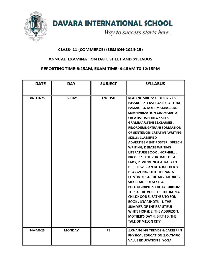 Class 11 Commerce Date Sheet 2025 | PDF | Economics | Debits And Credits