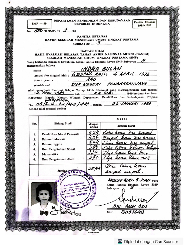 Indra Bulan - Nilai Ijazah SMP | PDF