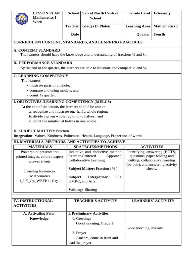 Math G1 Fraction Q4 1 | PDF | Learning | Cognition