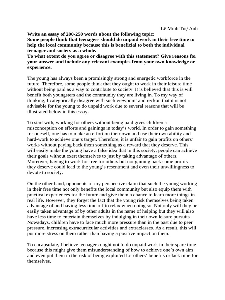 Essay Teen's Unpaid Work | PDF | Adolescence | Social Psychology