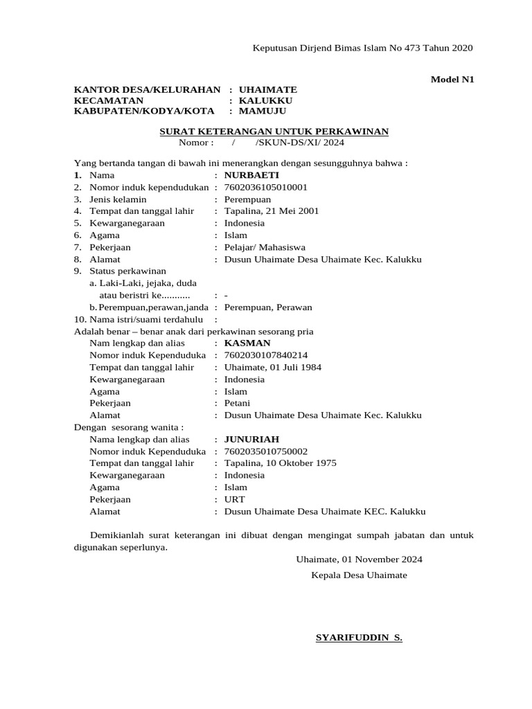 2024 TERBARU SURAT IZIN MENIKAH DESA SONDOANG YANG BARU N1 SAMPAI N4 Rasti | PDF