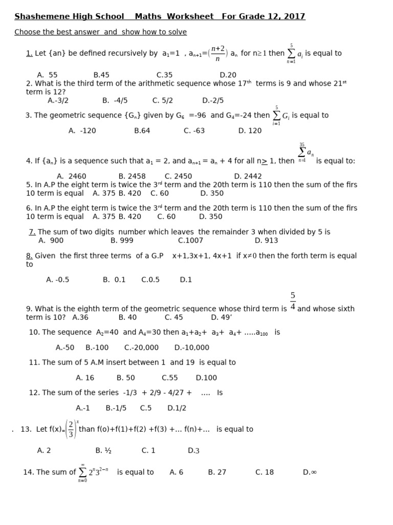 WORKSHEET FOR GRADE 12 | PDF | Mathematical Concepts | Arithmetic