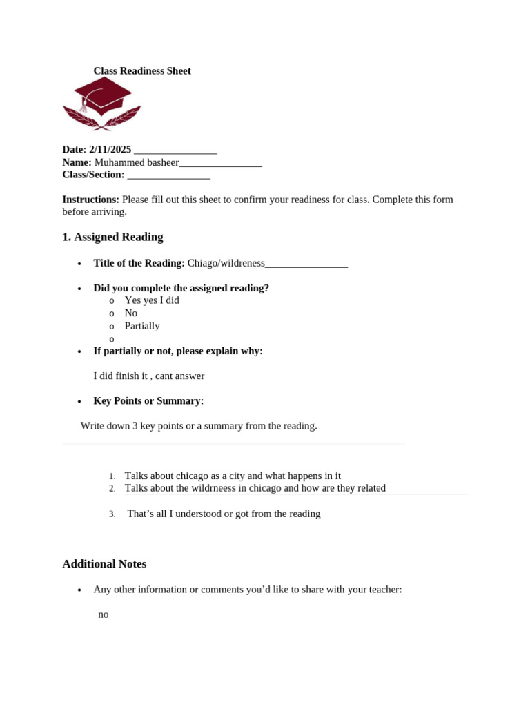 Class Readiness Sheet | PDF
