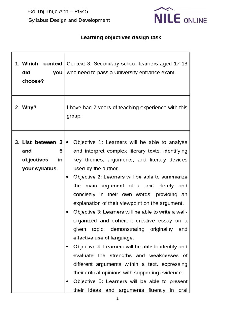 Activity 5.3 Learning objectives design task | PDF | Learning | Thought