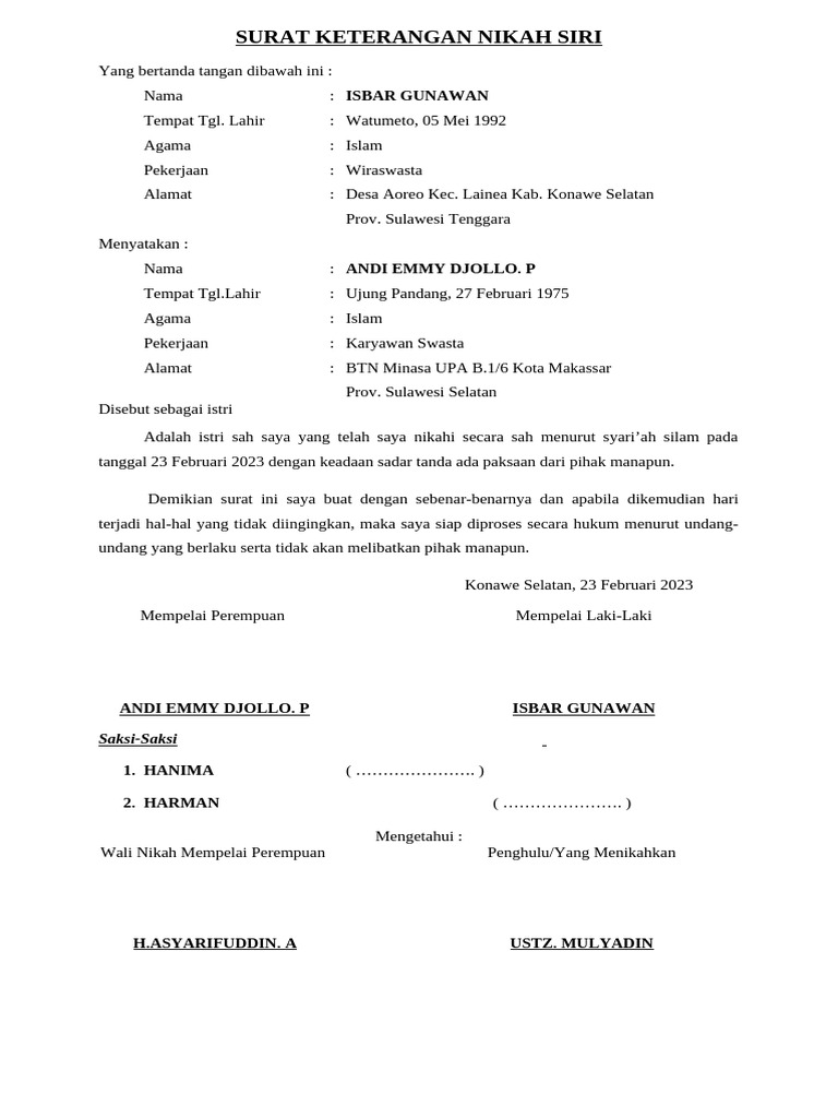 SURAT KETERANGAN NIKAH SIRI | PDF