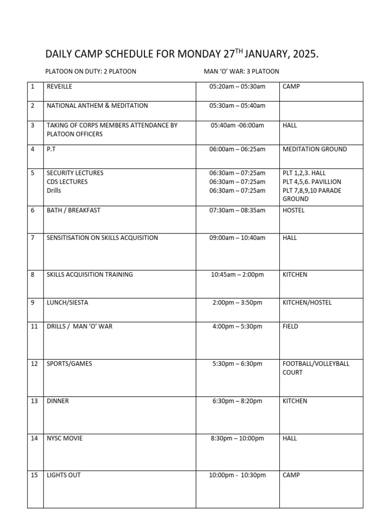 Daily Schedule For Monday 27TH January - 061913 - 075758 | PDF