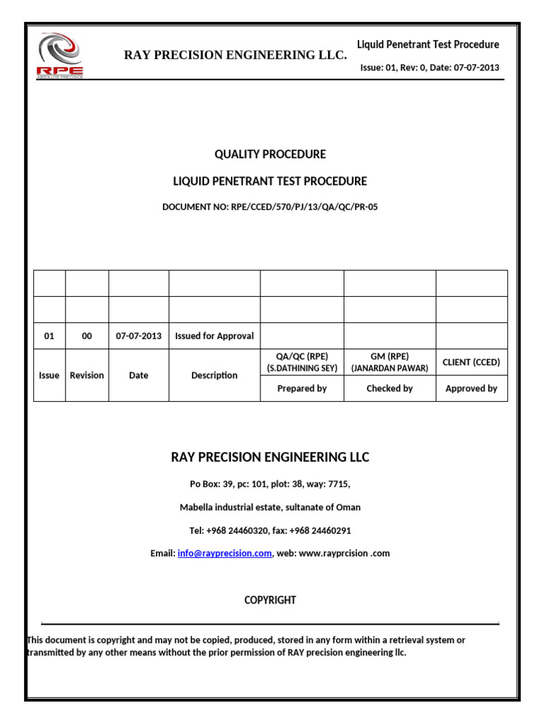 RPE-QAQC-PR-05-LPT PROCEDURE | PDF | Applied And Interdisciplinary Physics | Materials