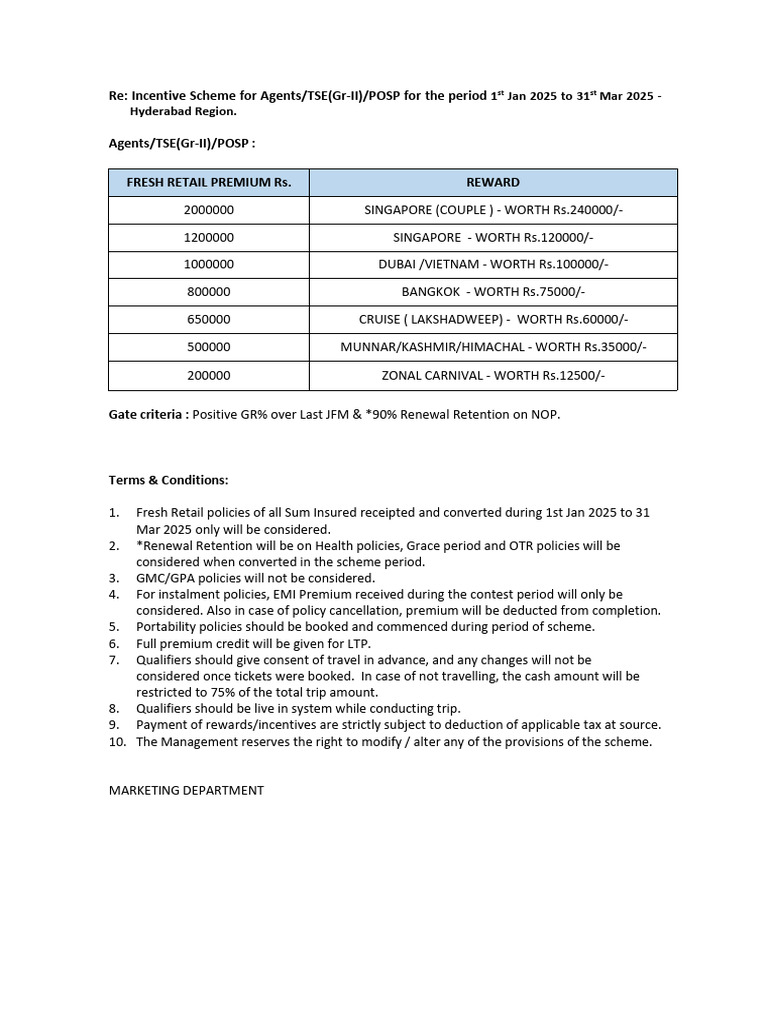 Incentive Scheme for Agents TSE-GrII and POSP - 1st Jan 2025 to 31st Mar 2025 | PDF