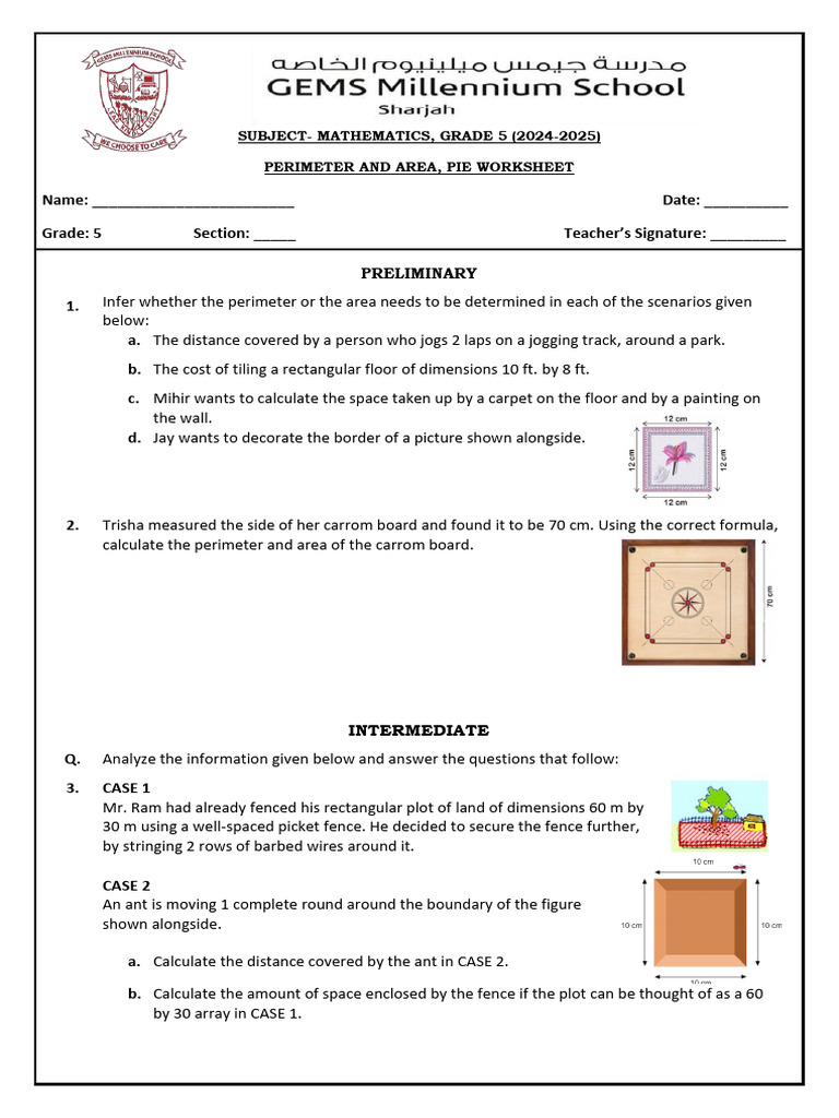 Grade 5 Math: Perimeter and Area Worksheet | PDF | Area