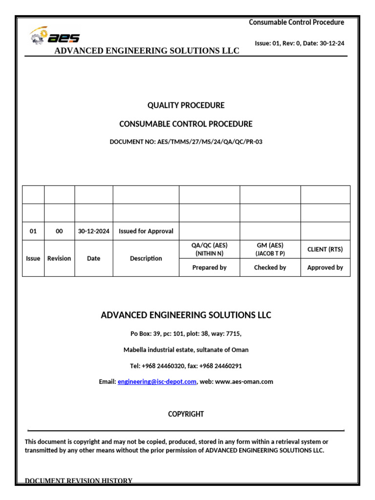 AES-QAQC-PR-03-CONSUMABLE CONTROL PROCEDURE | PDF | Welding | Construction