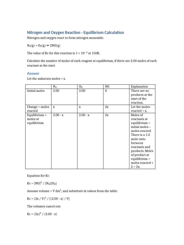 Nitrogen Oxygen Equilibrium Calculation | PDF | Chemical Equilibrium ...