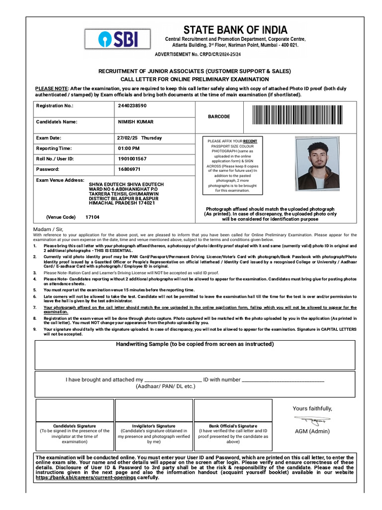 Sbi Clerk 2025 Admit Card | PDF | Identity Document | Government And ...